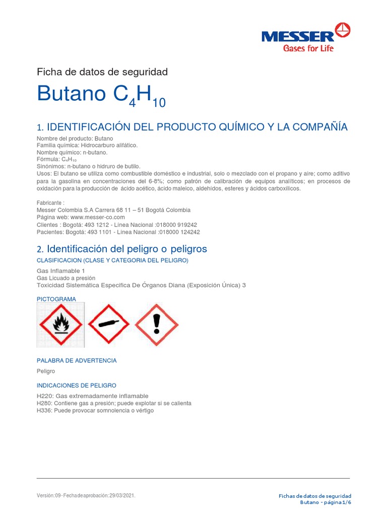 Ficha Seguridad Butano: Uso y Riesgos | PDF | Oxígeno | Agua