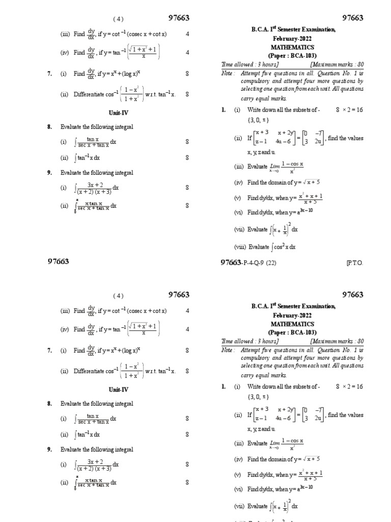 Dy DX Dy DX 1 + X + 1 X Dy DX 1 - X 1 + X: B.C.A. I Semester Examination, February-2022 ...