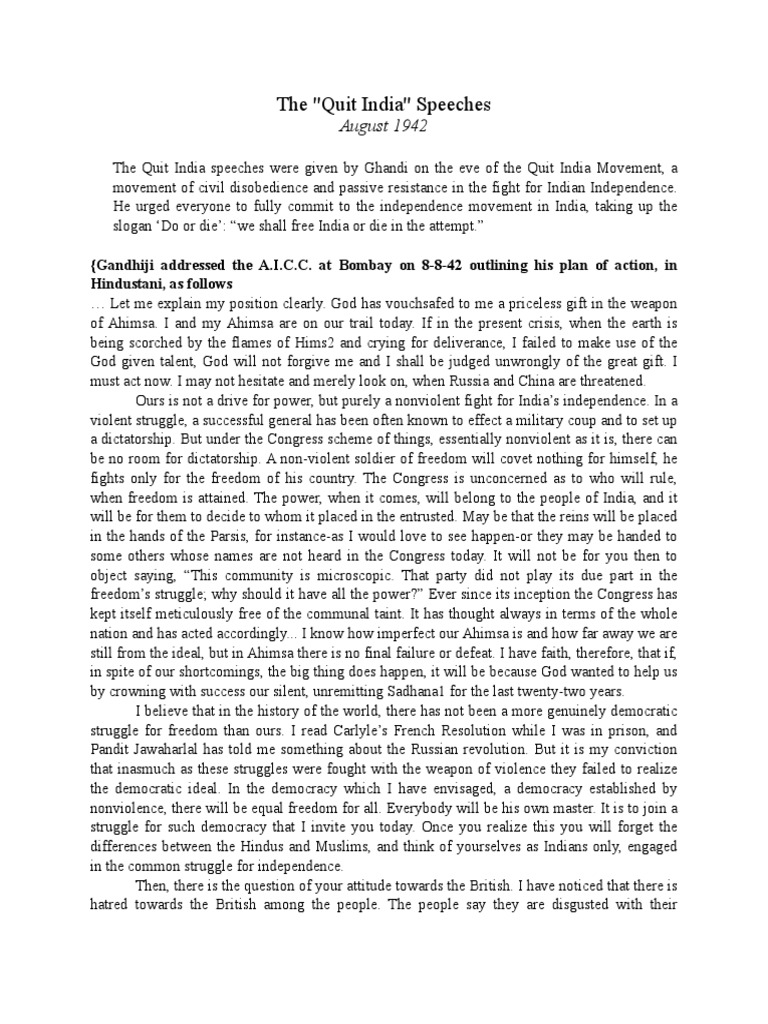 Quit India Speeches | PDF | Nonviolence | Mahatma Gandhi