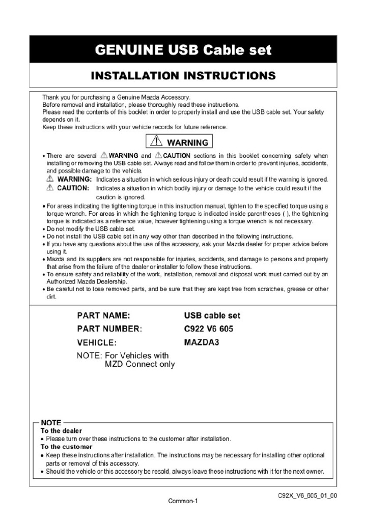 CPAA Cable Installation Manual-BN Mazda 3 USA C922 V6 605 | PDF ...