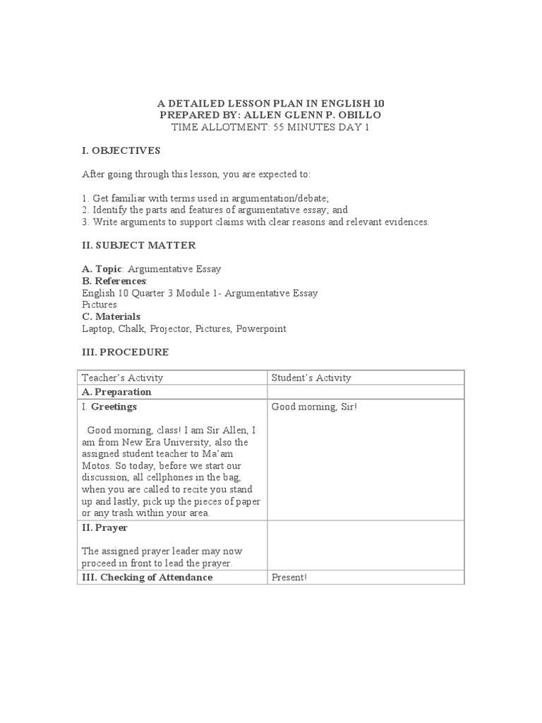 English 10 Argumentative Essay Lesson Plan | PDF | Essays | Persuasion