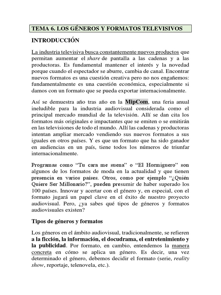 Tema 6. Los Géneros Televisivos | PDF | Medición de audiencia | Televisión