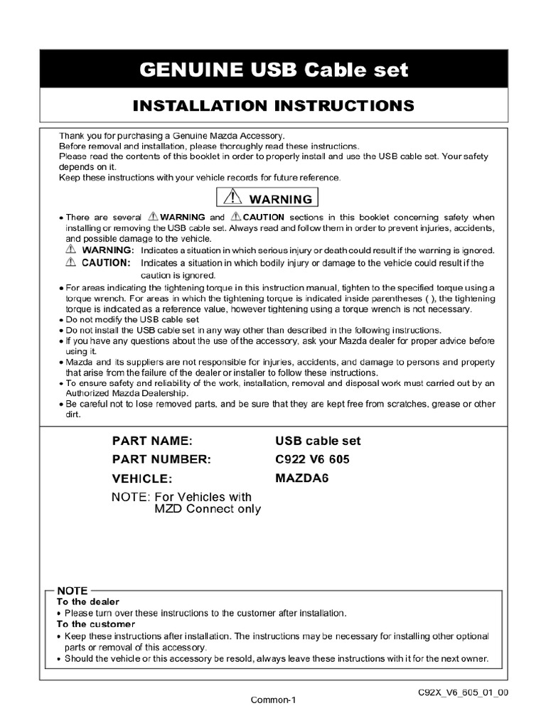CPAA Cable Installation Manual-GL Mazda 6 USA C922 V6 605 | PDF | Electrical Connector ...
