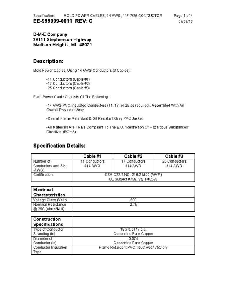 Mold Power Cable Specifications 14 AWG | PDF | Electrical Conductor ...