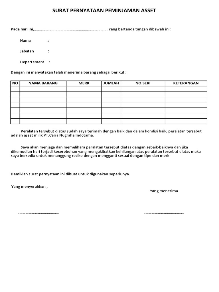 Form Pernyataan Peminjaman Aset | PDF