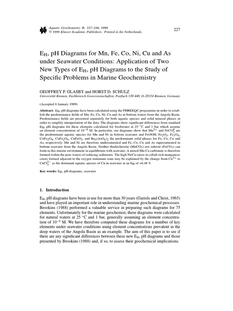 EH, PH Diagrams For MN, Fe, Co, Ni, Cu and As Under Seawater Conditions ...