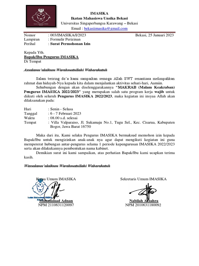 Surat Perizinan Makrab Pengurus IMASIKA | PDF