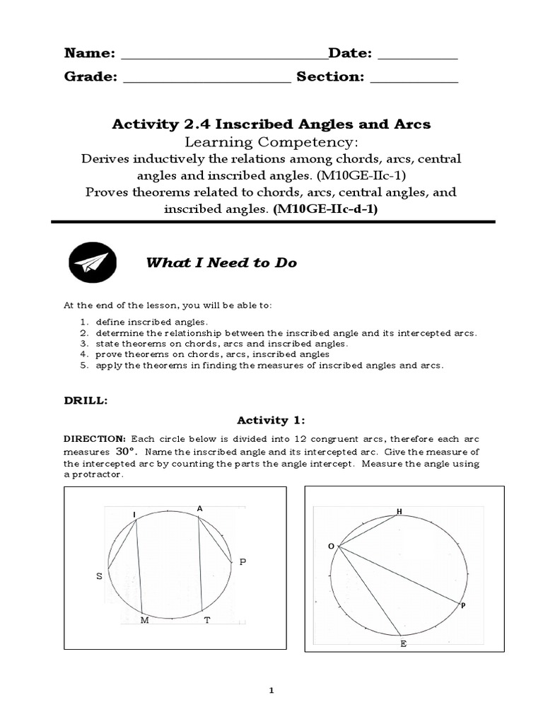 Q2 Mathematics 10 AS Week 4 | PDF | Angle | Circle