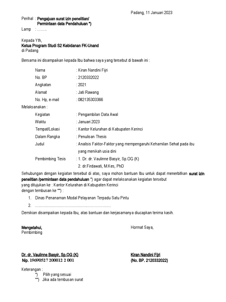 Format Surat Permohonan Izin Penelitian - Permintaan Data Awal Penelitian | PDF