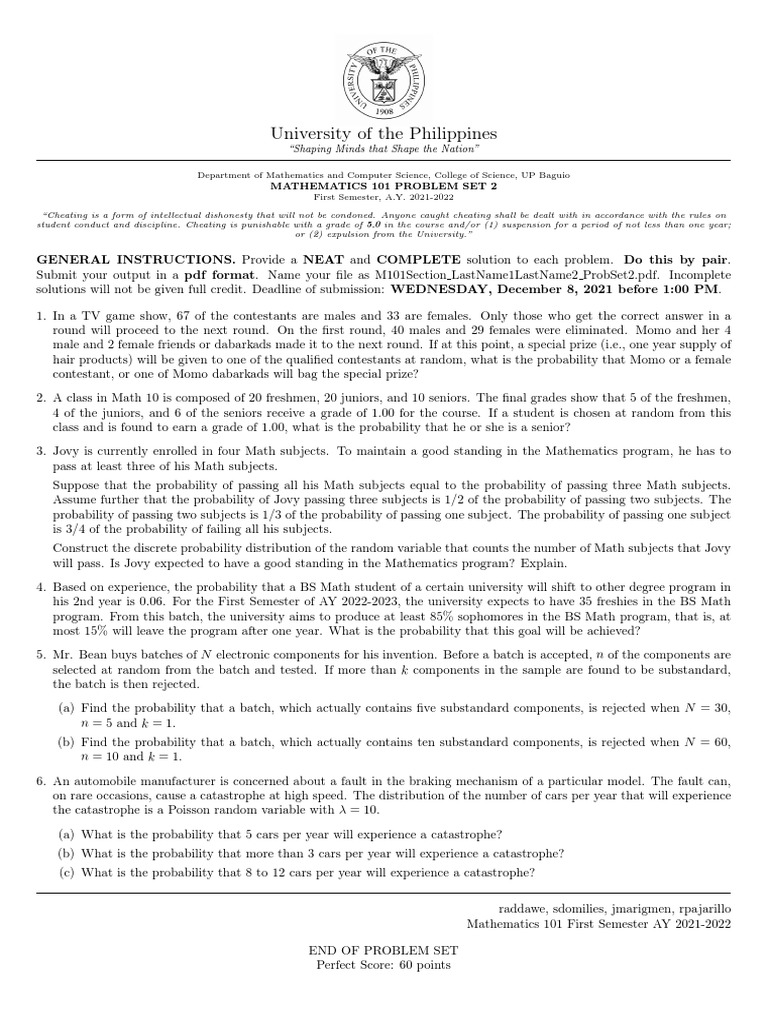Math 101 Problem Set 2 | PDF | Mathematics | Probability Distribution Math 101 Problem Set 2 | PDF | Mathematics | Probability Distribution