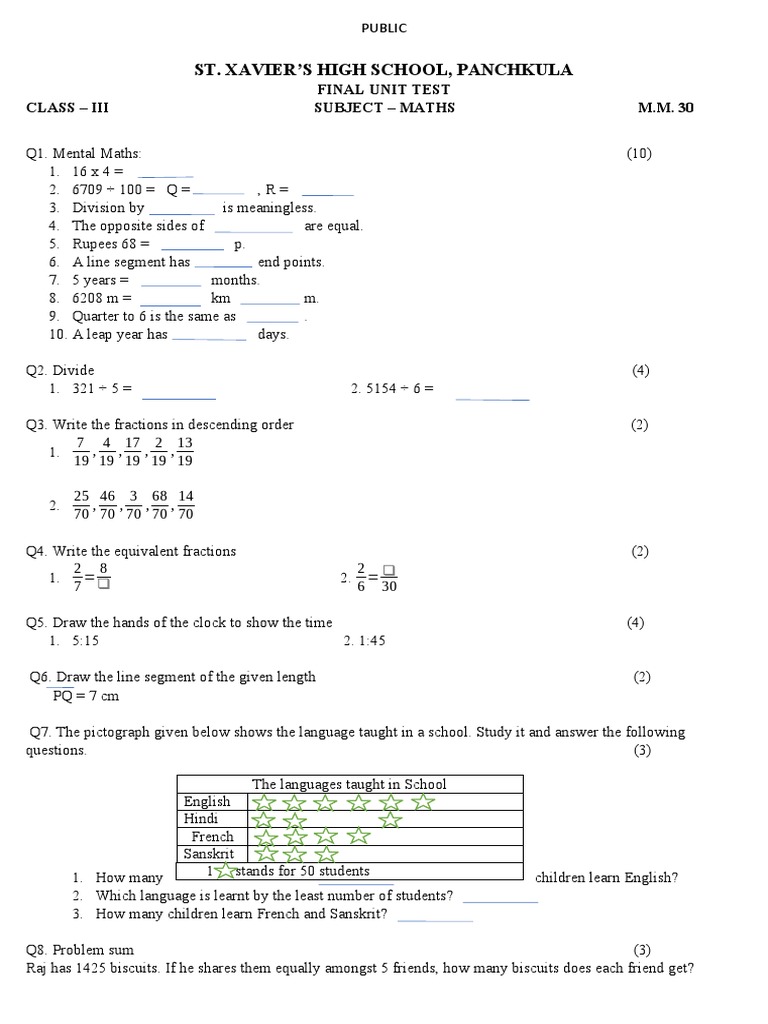 Class 3 Maths Final Test Paper | PDF | Mathematics