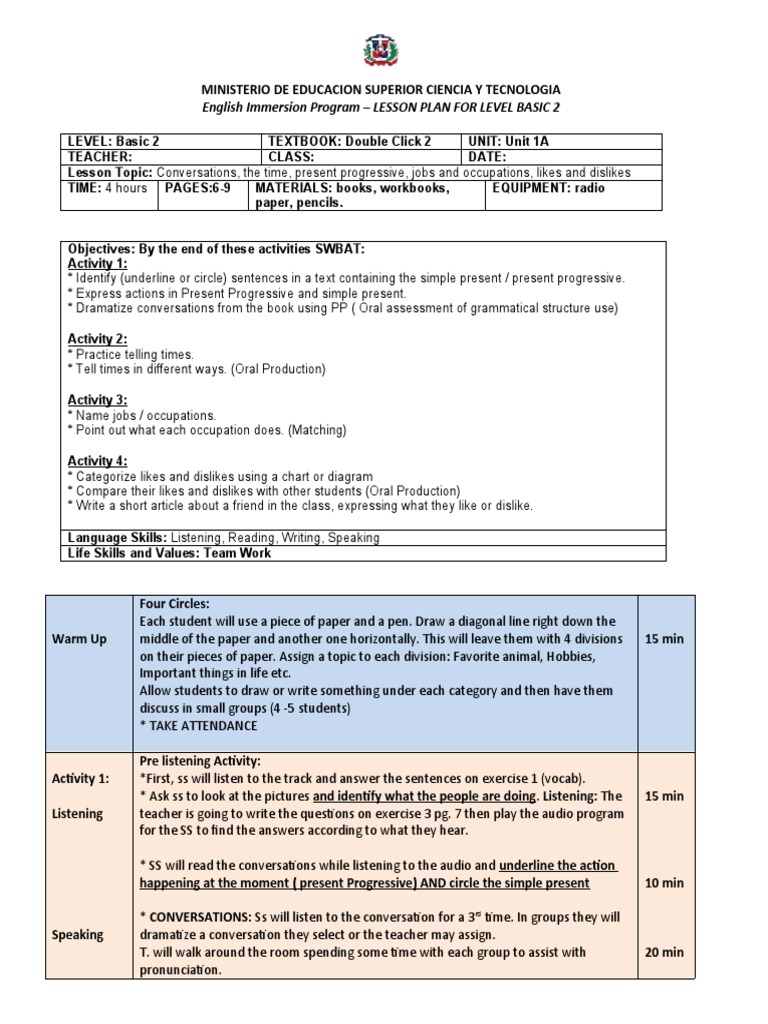 An English Immersion Lesson Plan Focusing on Conversational Skills ...