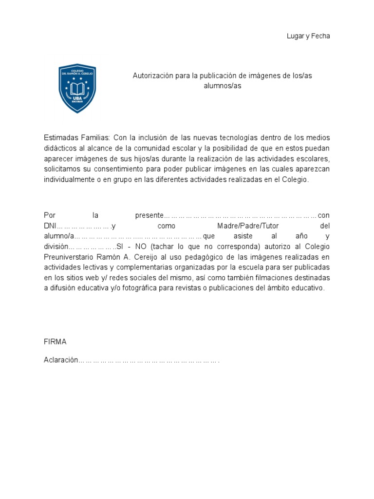 Autorización para La Publicación de Imágenes de Los - As Alumnos - As | PDF