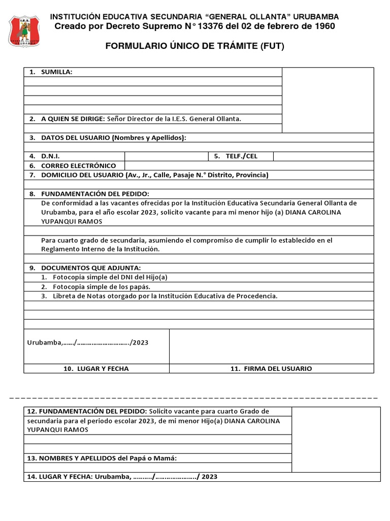 Formulario Único de Trámite - Fut | PDF