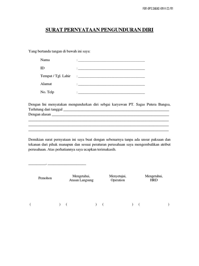 011 Form Surat Resign SAGAS | PDF