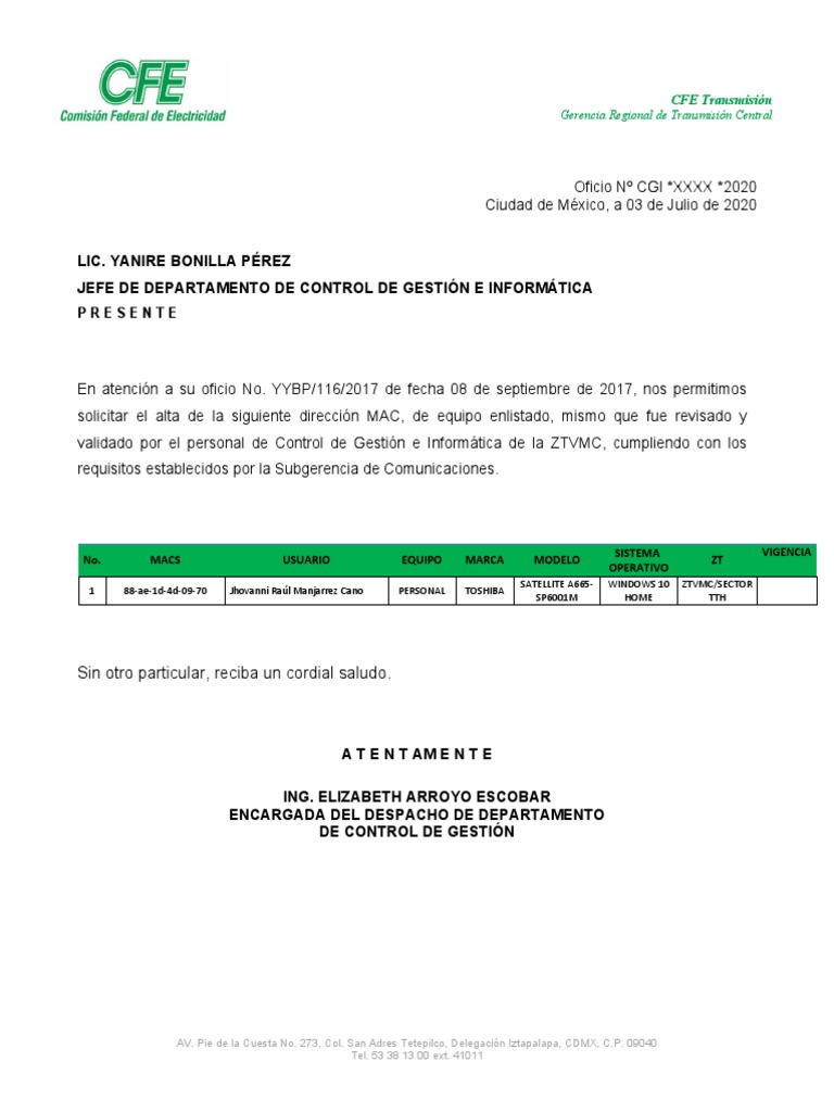 OFICIO 034 2019 Alta MAC CTR SECTOR TTH | PDF