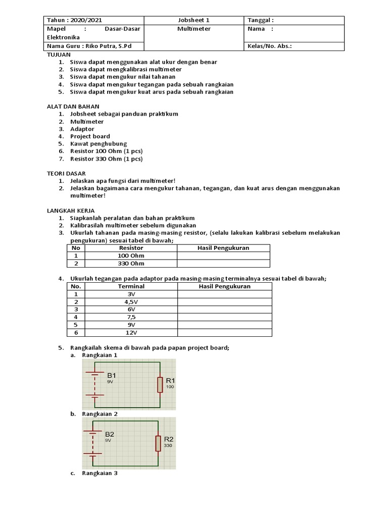 Jobsheet 1 (Menerapkan Multimeter) | PDF
