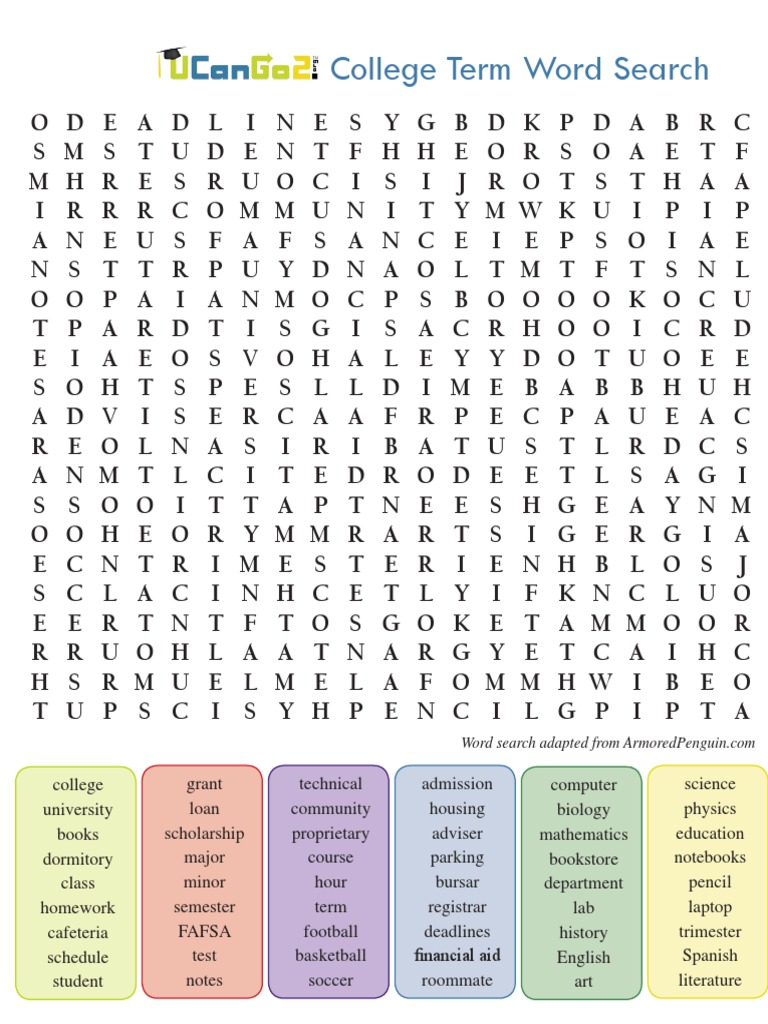 College Word Terms Wordsearch | PDF | Student Financial Aid In The ...