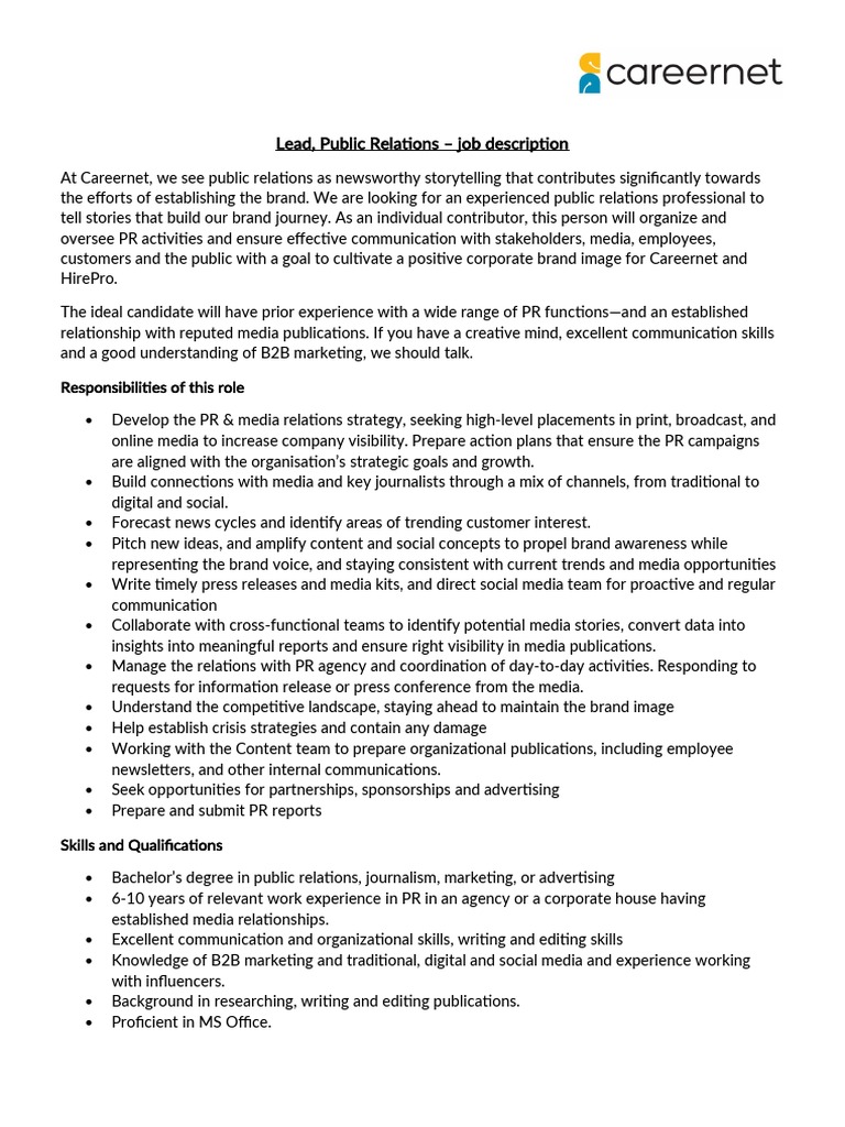 PR Job Description | PDF | Public Relations | Mass Media PR Job Description | PDF | Public Relations | Mass Media