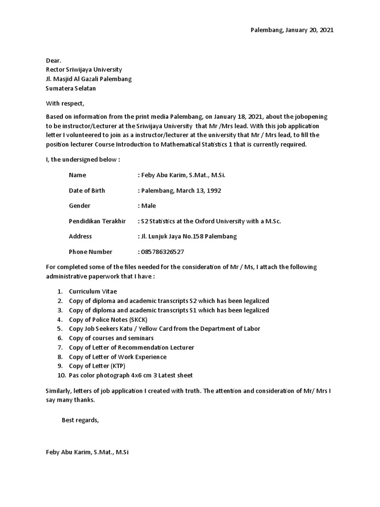 Job Application for Lecturer Position | PDF