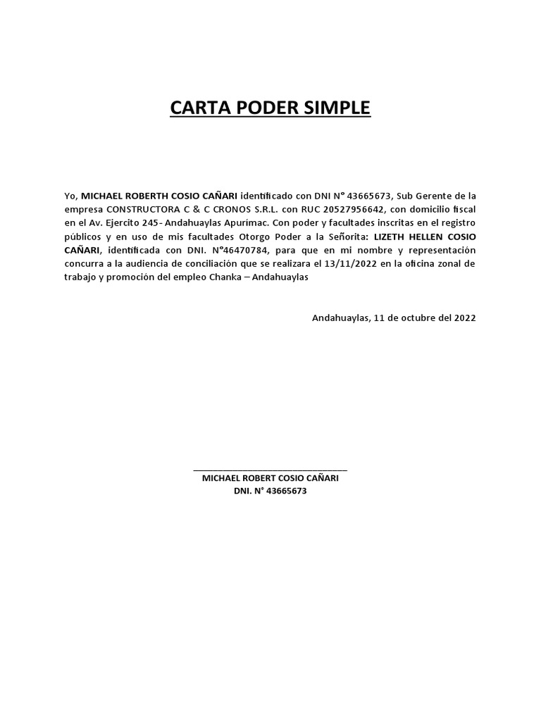 Carta Poder Simpleministerio de Trabajo | PDF