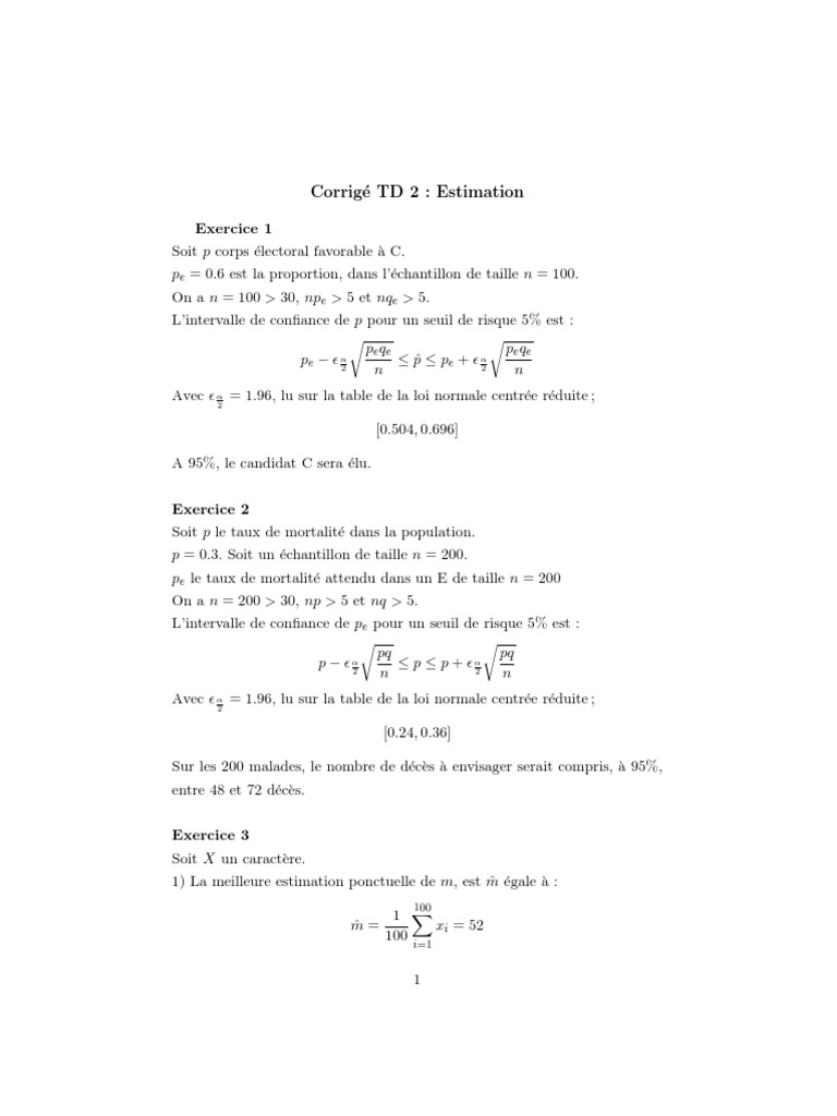 6 - Corrigé TD2 - Estimation | PDF | Écart type | Intervalle de confiance