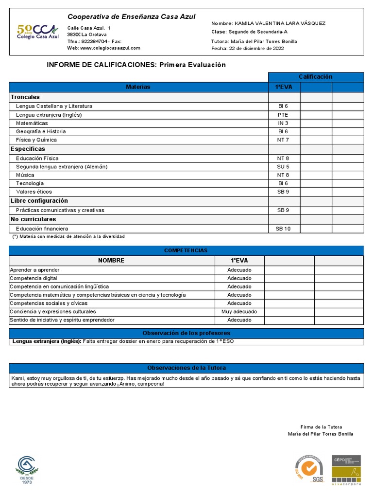 Informe de calificaciones del primer trimestre de Kamilia Valentina ...