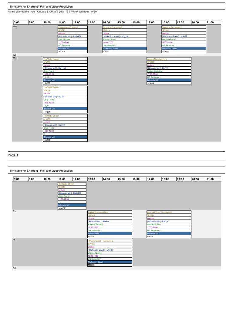 BA Film and Video Production Timetable | PDF