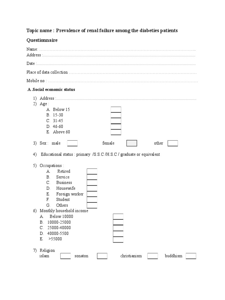 Questionnaire | Download Free PDF | Chronic Kidney Disease | Kidney Disease