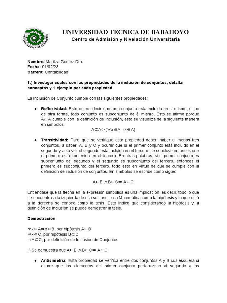 Propiedades de Inclusión | PDF | Conjunto (Matemáticas) | Prueba matemática