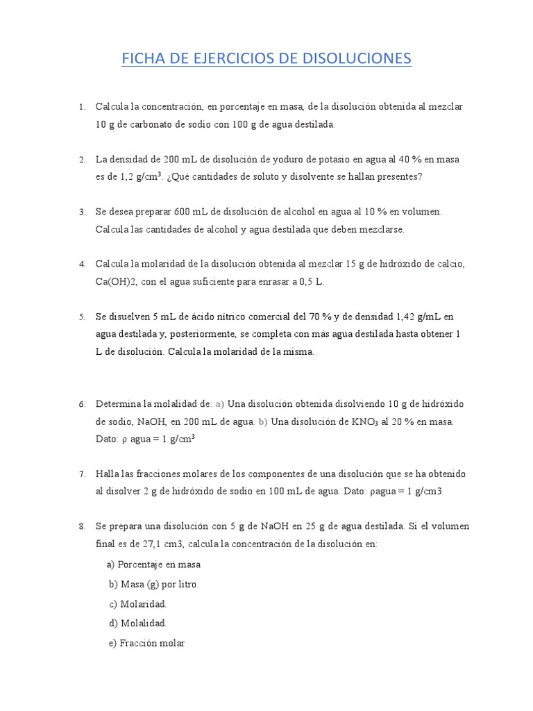 Disoluciones - Ficha de Ejercicios | PDF