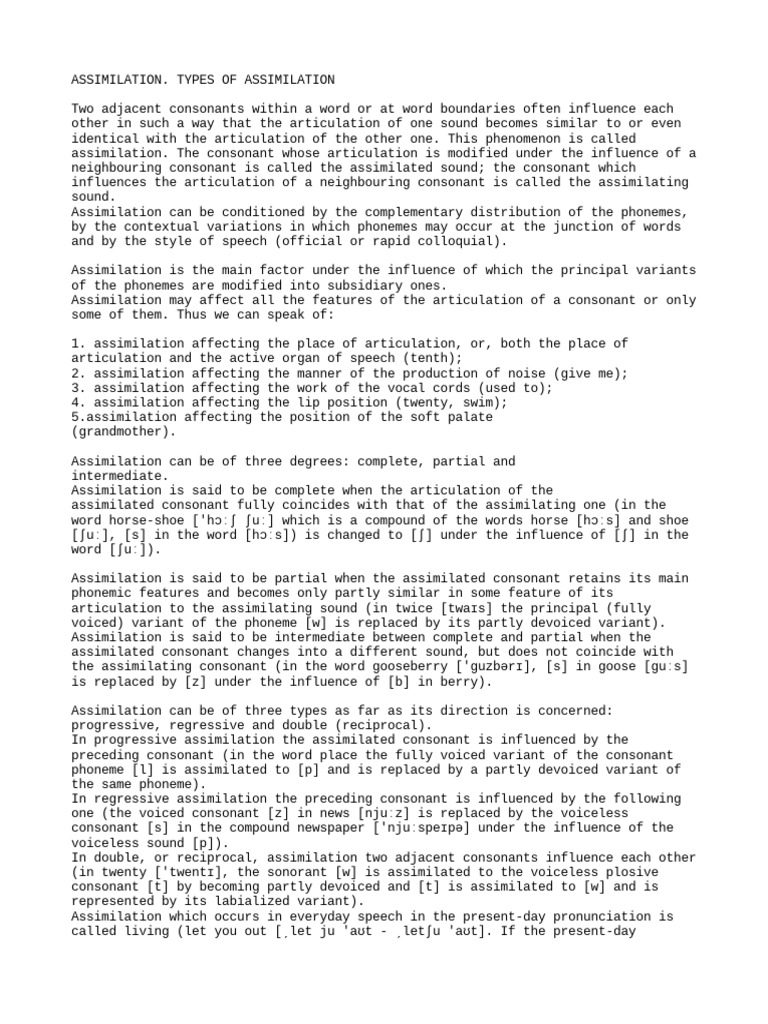 Assimilation. Types of Assimilation | PDF | Consonant | Oral Communication