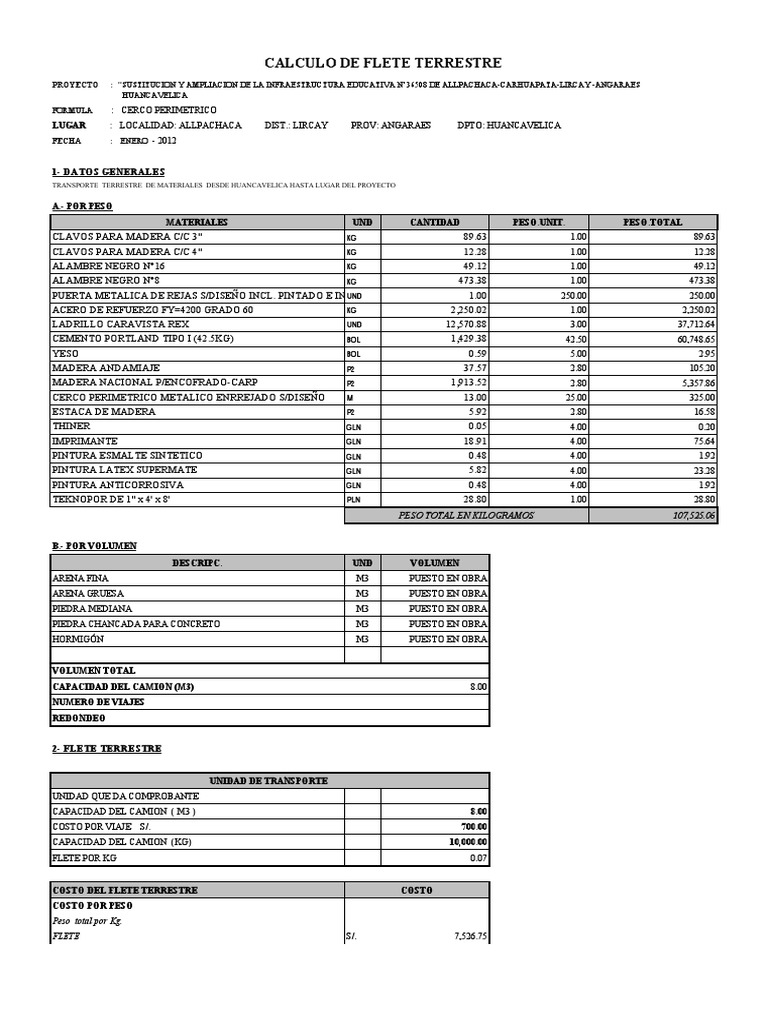 Calculo de Flete | PDF | Hormigón | Procesos industriales