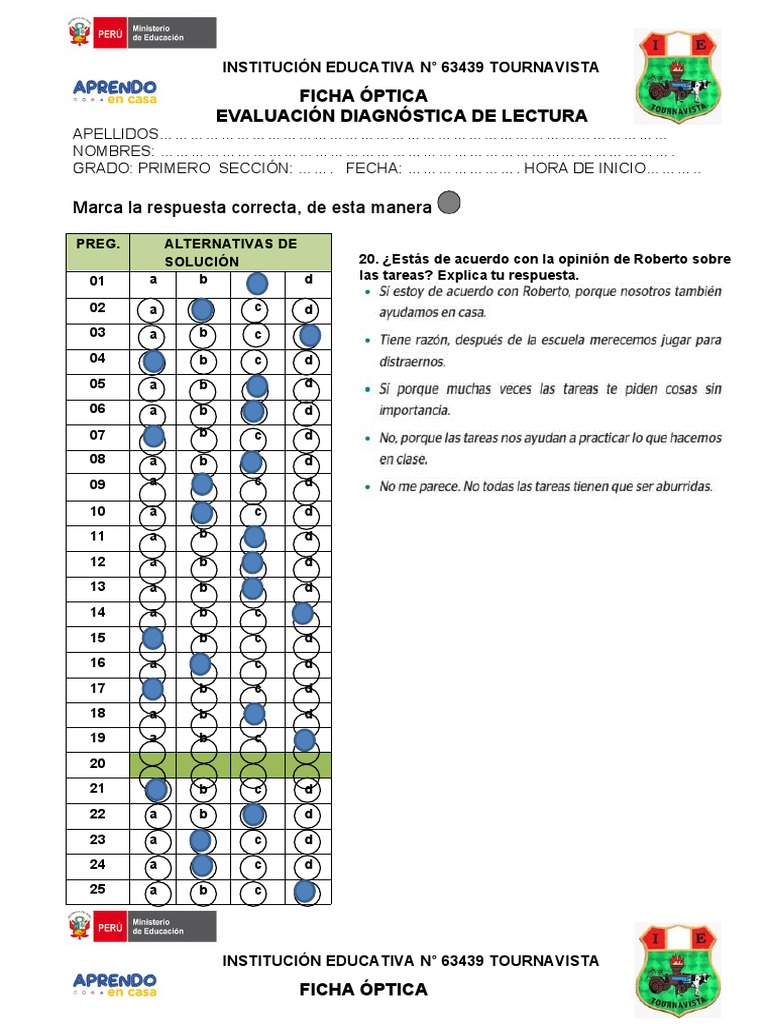 Ficha Óptica Con Claves de Lectura de 1 A 5 Secundaria | PDF | Métodos y materiales de enseñanza