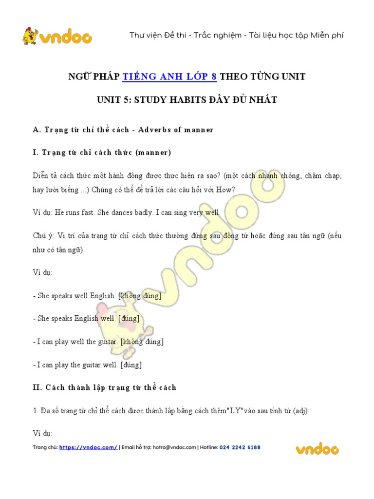 Ngu Phap Tieng Anh Lop 8 Unit 5 Study Habits | PDF
