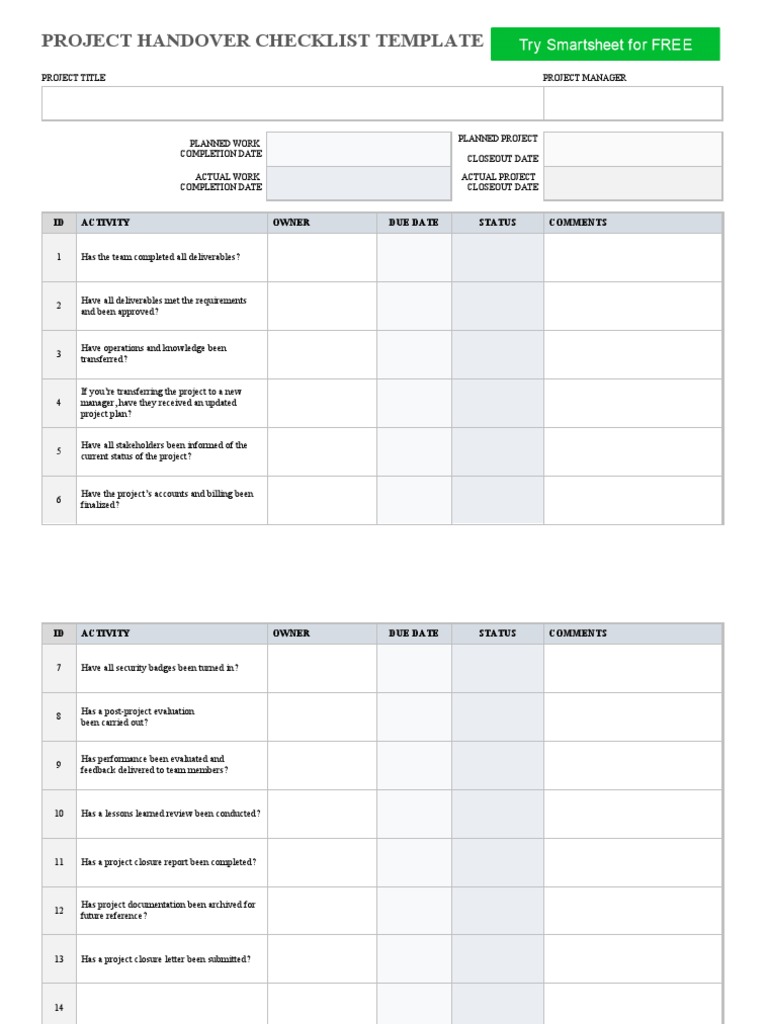 IC Project Handover Checklist 11458 - WORD | PDF