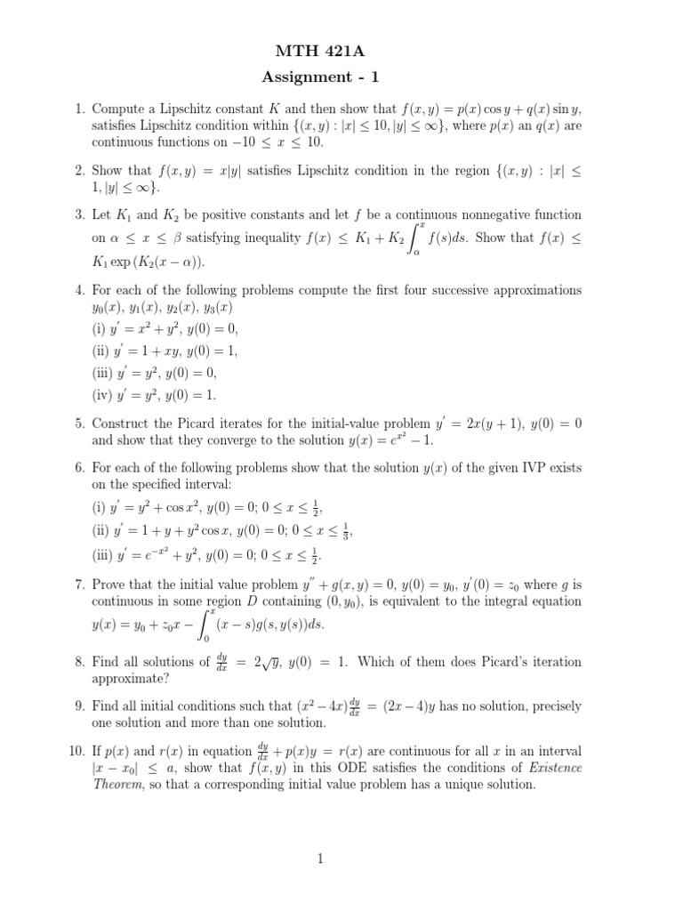 Assignment 1 | PDF | Ordinary Differential Equation | Equations