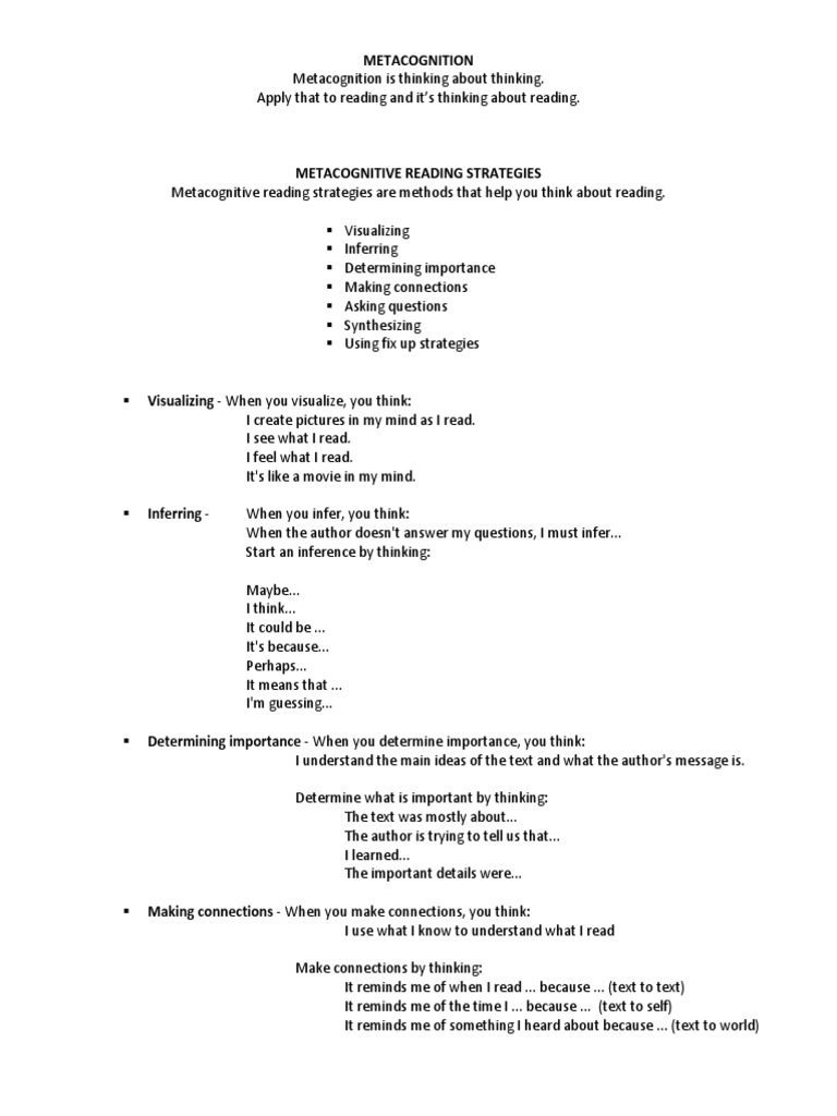 Metacognitive Reading Pdf Metacognition Question