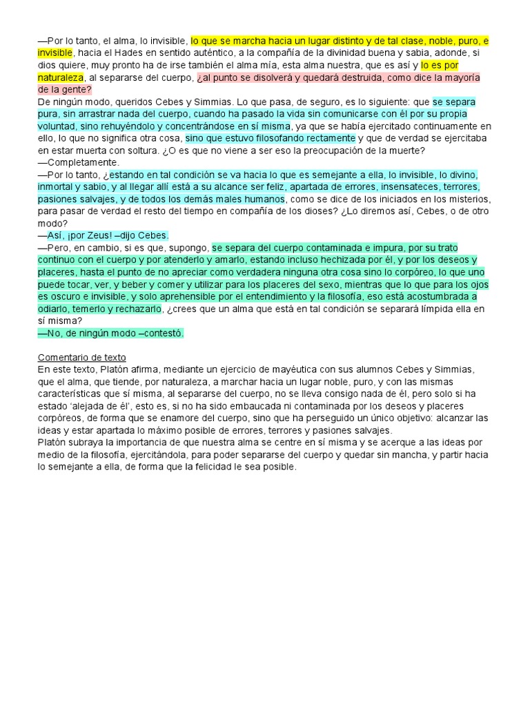 Platón-Comentario de Texto | PDF | Alma | Platón