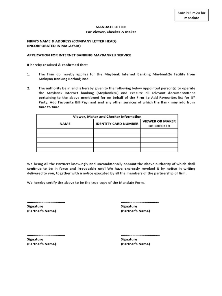 Maybank2u Internet Banking Mandate Form | PDF