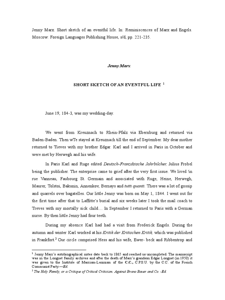 Jenny Marx - SHORT SKETCH OF AN EVENTFUL LIFE | PDF | Friedrich Engels