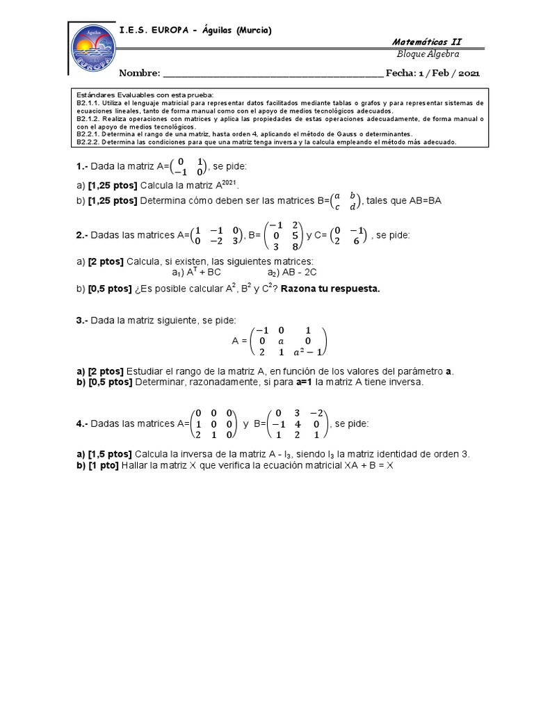 Examen Algebra Primer Parcial | PDF | Matriz (Matemáticas) | Objetos matemáticos