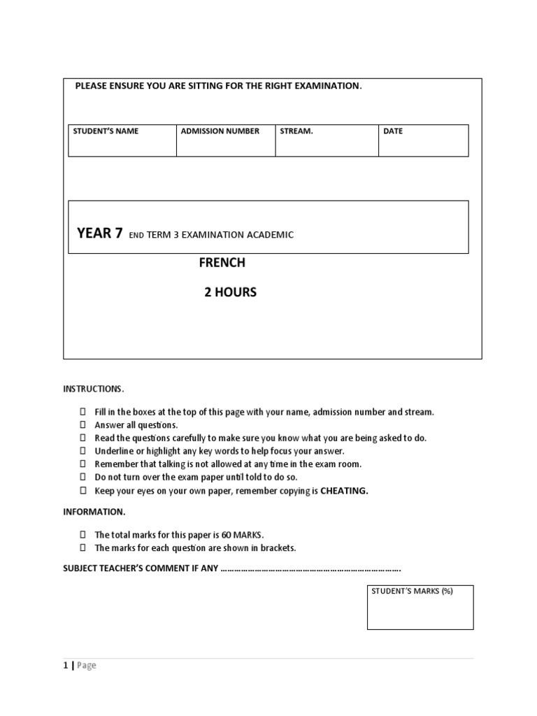 Year 7 French End Term Exam Paper | PDF | Grammar | Syntax