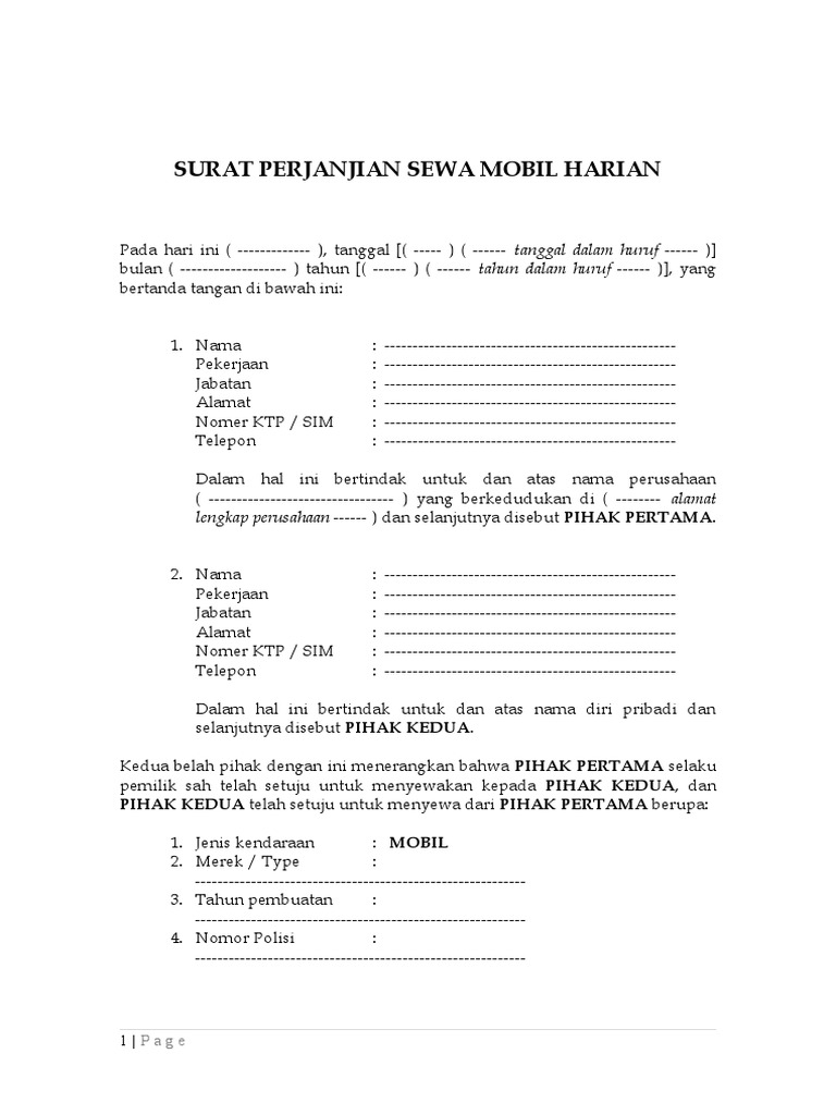 Contoh Surat Perjanjian Sewa Mobil Harian | PDF