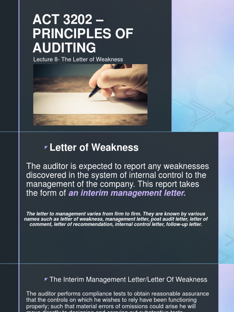 ACT 3202 Â - PRINCIPLES OF AUDITING Letter of Weakness | PDF ...