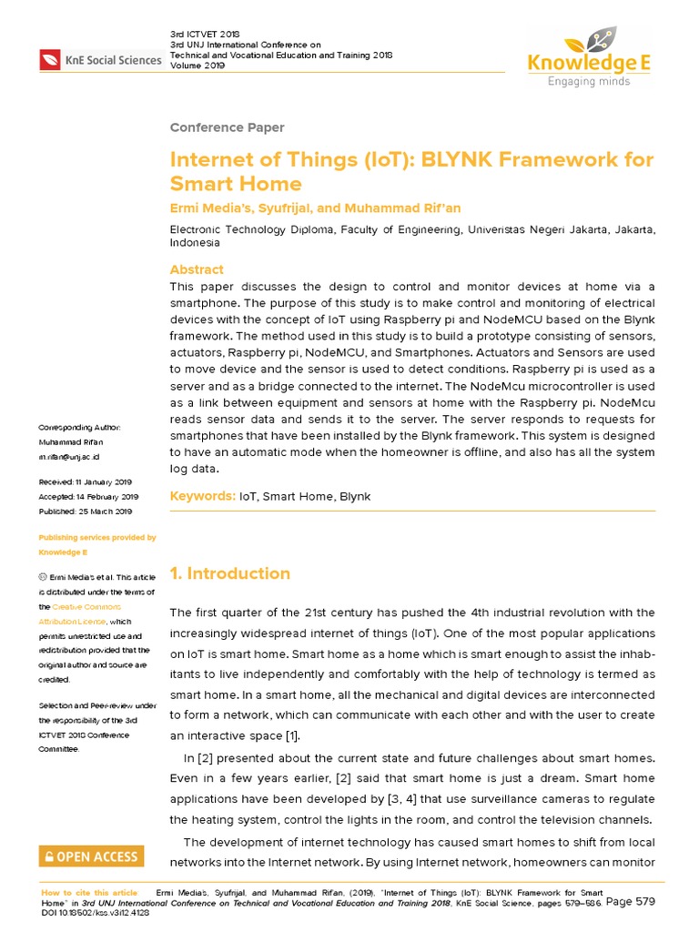 Internet of Things (Iot) : Blynk Framework For Smart Home: Conference Paper | PDF | Internet Of ...