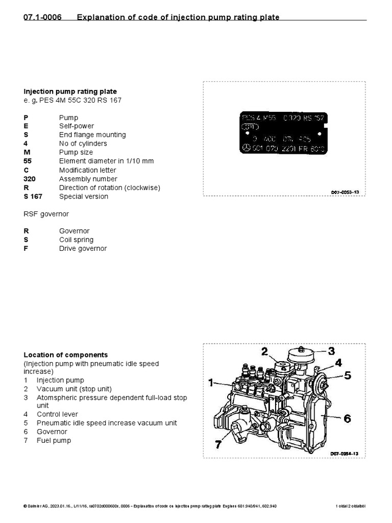 0006 - Explanation of Code On Injection Pump Rating Plate Engines 601. ...