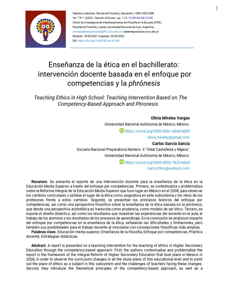 Enseñanza de La Ética en El Bachillerato Intervención Docente Basada en El Enfoque Por ...
