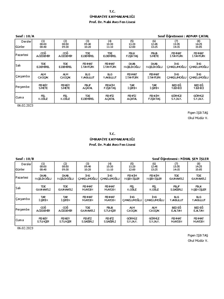 Sinif Ders Program 13 Şubat 2023 | PDF