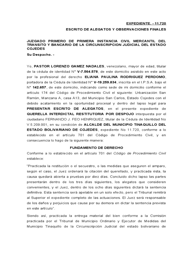 Escrito de Alegatos y Observaciones Finales | Descargar gratis PDF | Dominio eminente | Judicaturas